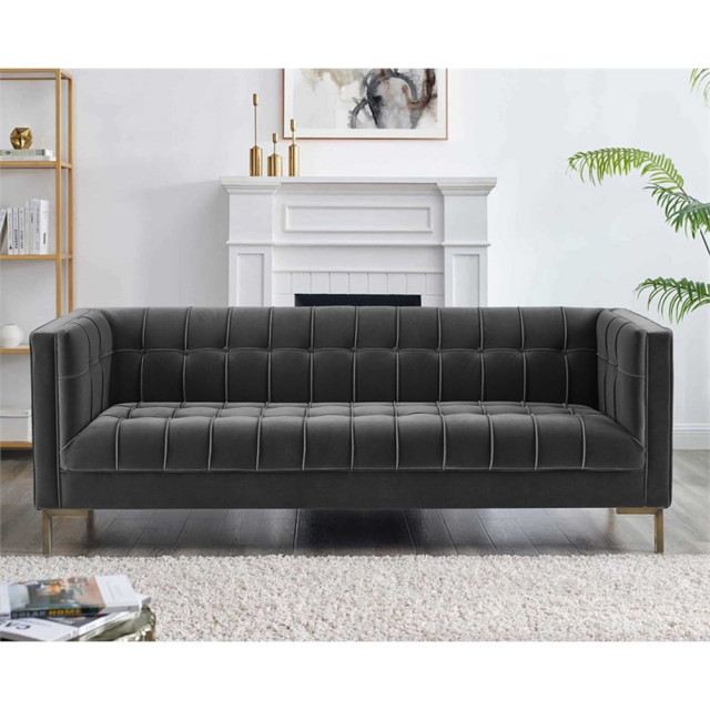 Isaac Channel Stitch Gray Velvet Button Tufted Sofa - Contemporary ...