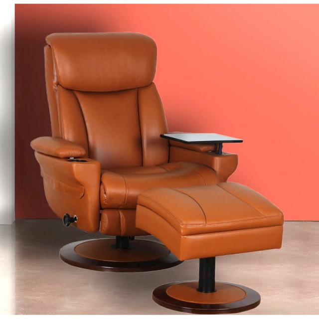 William Swivel Pedestal Recliner With Storage Ottoman & Arm Table ...