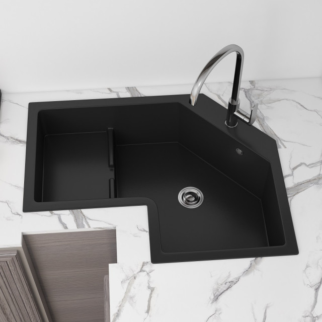 32" Modern Black Drop In Corner Kitchen Sink Single Bowl Quartz ...