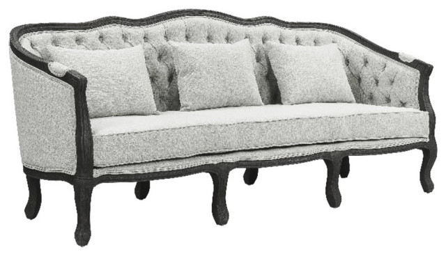 ACME Samael Linen Sofa with Wooden Frame and 3 Pillows in Gray and Dark ...