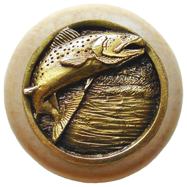 Leaping-Trout Natural Wood Knob, Clear Finish With Antique-Style Brass ...