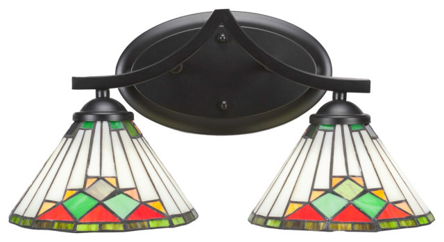 Zilo 2-Light Bath Bar, Matte Black Finish, 7" Green Sunray Art Glass ...