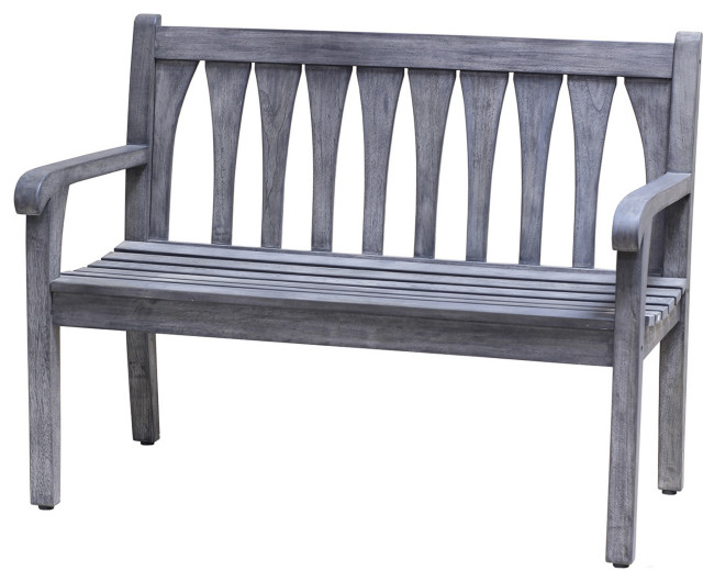 Compact Teak Outdoor Bench With Slattered Design, Coquina Gray Finish ...
