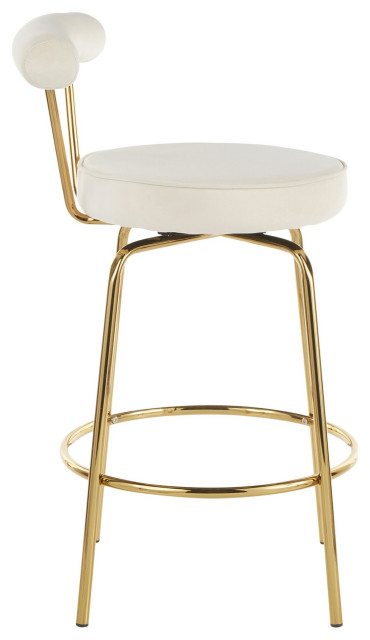 Rhonda Glam Counter Stool, Gold Metal and Cream Velvet, Set of 2, 20"L ...