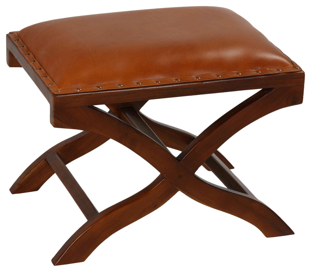Bare Decor Daniela X Bench Ottoman, Genuine 100% Leather and Teak ...