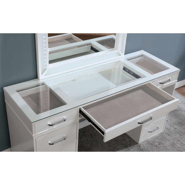 Contemporary Vanity Set, Cushioned Chair and LED Lighted Mirror, Glossy ...