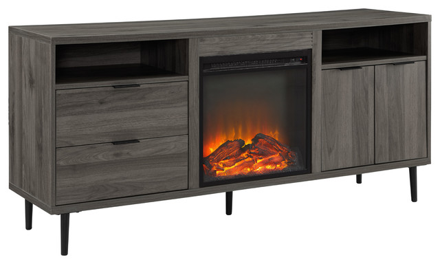 60" Modern Storage Fireplace Console, Slate Gray - Midcentury ...