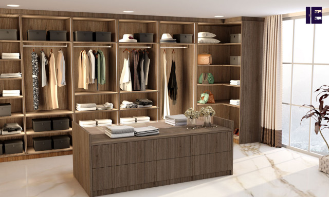 Modern Walk-in Wardrobe in Woodgrain Finish by Inspired Elements ...