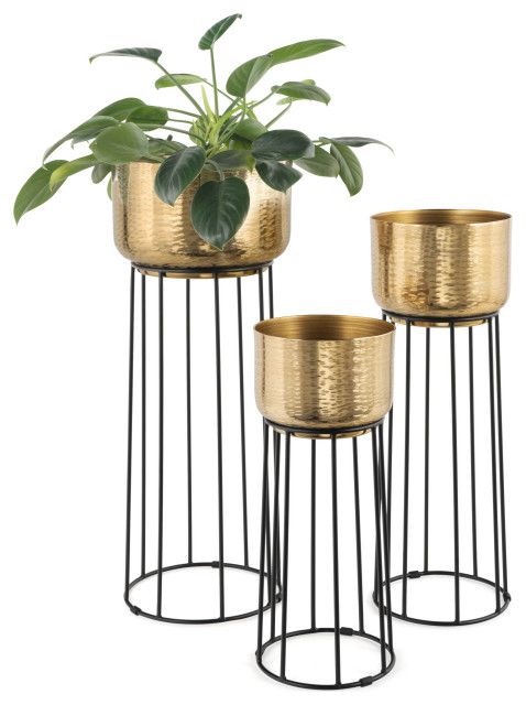 Thallo Gold Metal Floor Planters, Set of 3 - Modern - Indoor Pots And ...