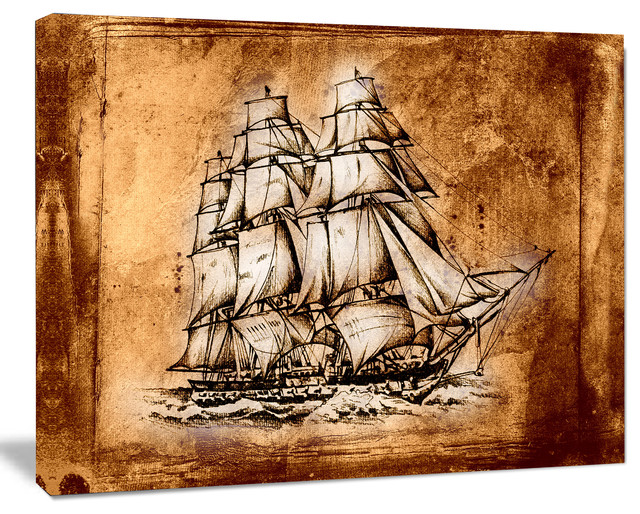 Ancient Sailboat Drawing, Seashore Wall Art on Canvas, 20"x12" - Beach ...