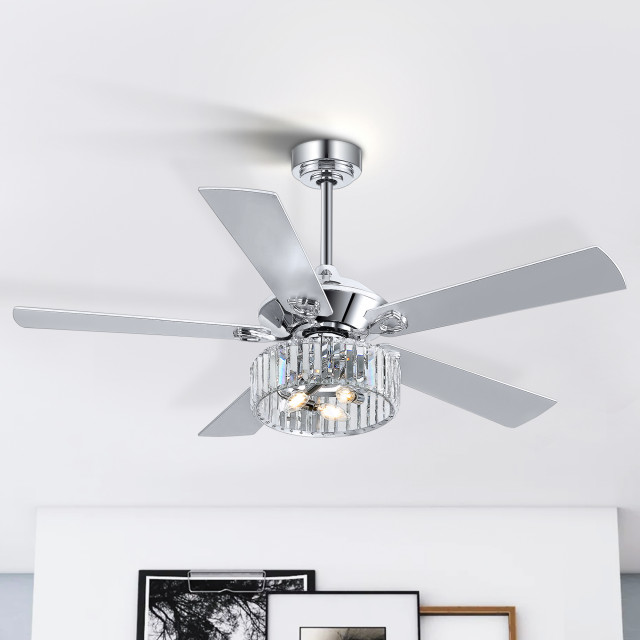 52" Chrome Chandelier Ceiling Fan with Remote Control and Crystal Light ...