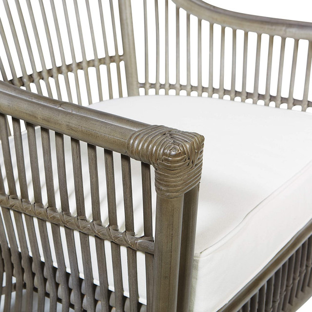Tropical Accent Chair with Grey Padded Seat Cushion and Slatted Rattan ...