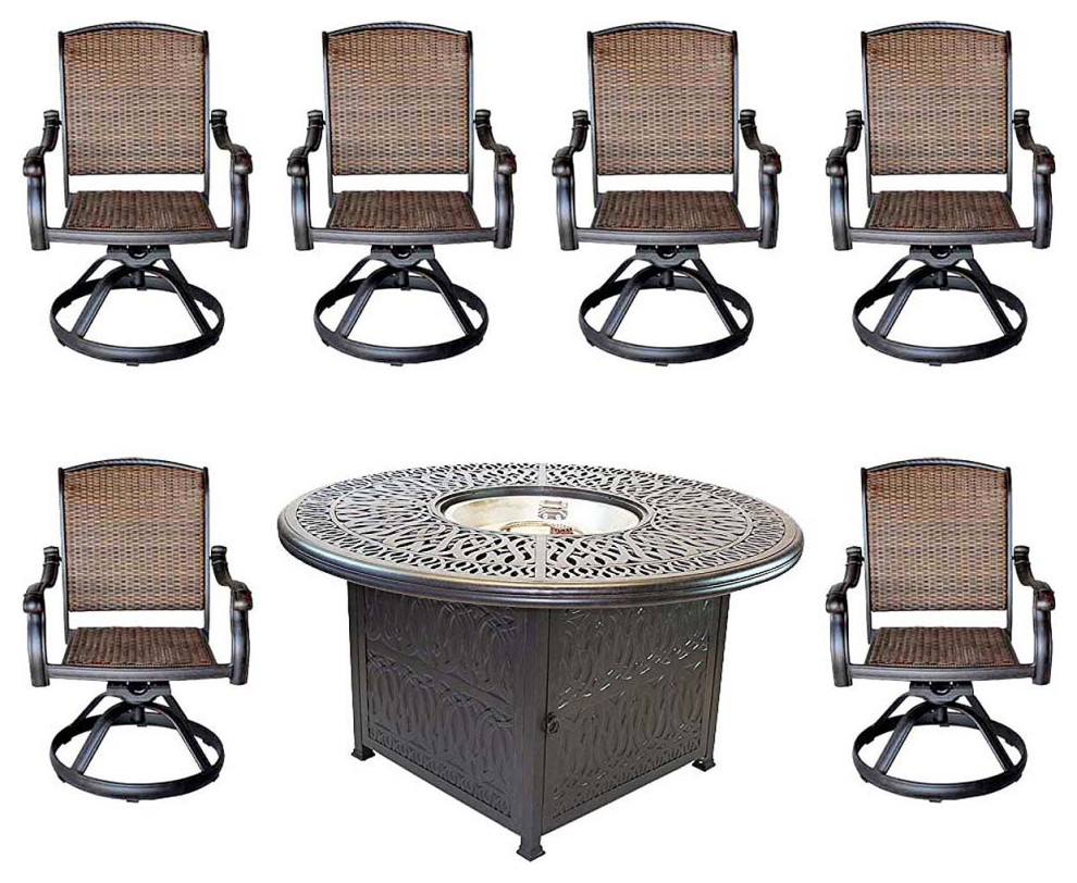 Propane Fire Pit Dining Table Set Cast Aluminum Wicker Furniture, 7 ...