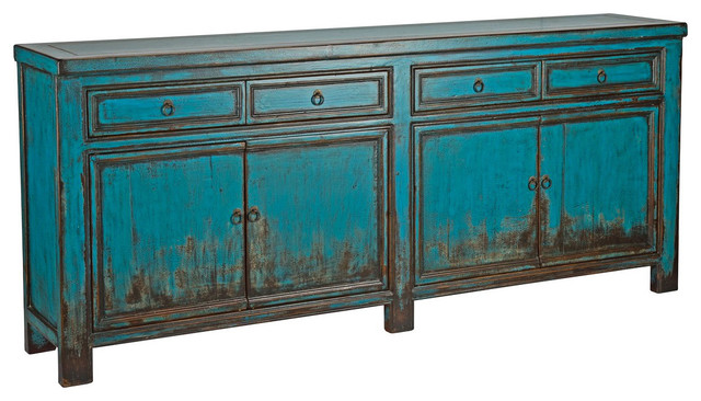 87" Asian Style Distressed Blue Sideboard Cabinet - Farmhouse - Buffets ...