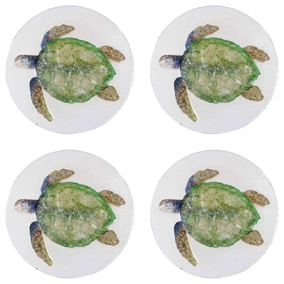 Coastal Green Sea Turtle Fused Glass 8 Inch Round Serving Plates Set of ...