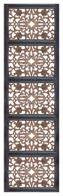 Rectangular Wall Panel With Intricate Floral Carvings, Burnt Black ...