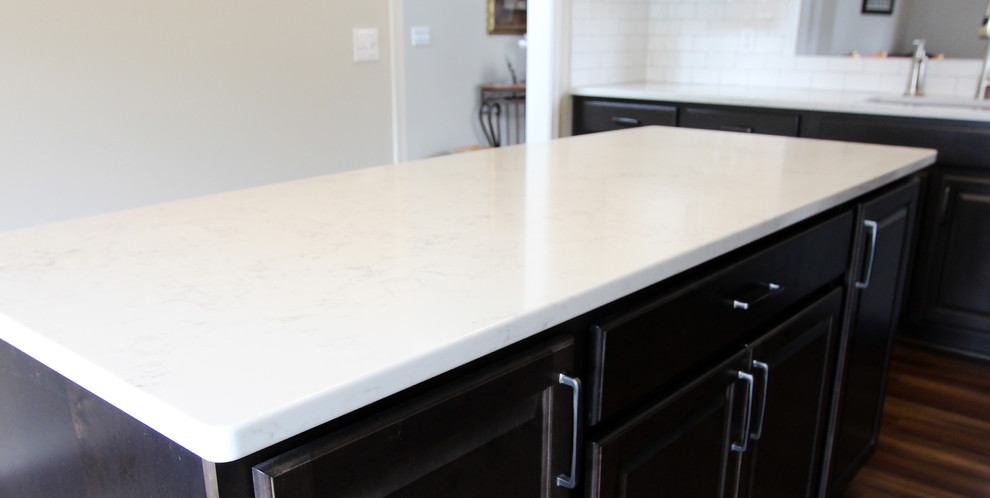 White Kitchen with White Subway Tile and Eternia Quartz Countertop ...