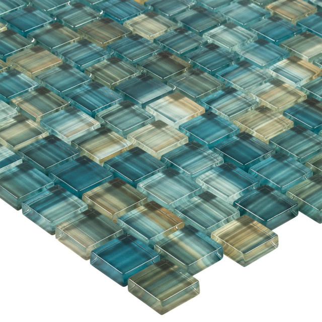 Mto0617 Modern 1x1 Staggered Squares Green Blue Glossy Glass Mosaic
