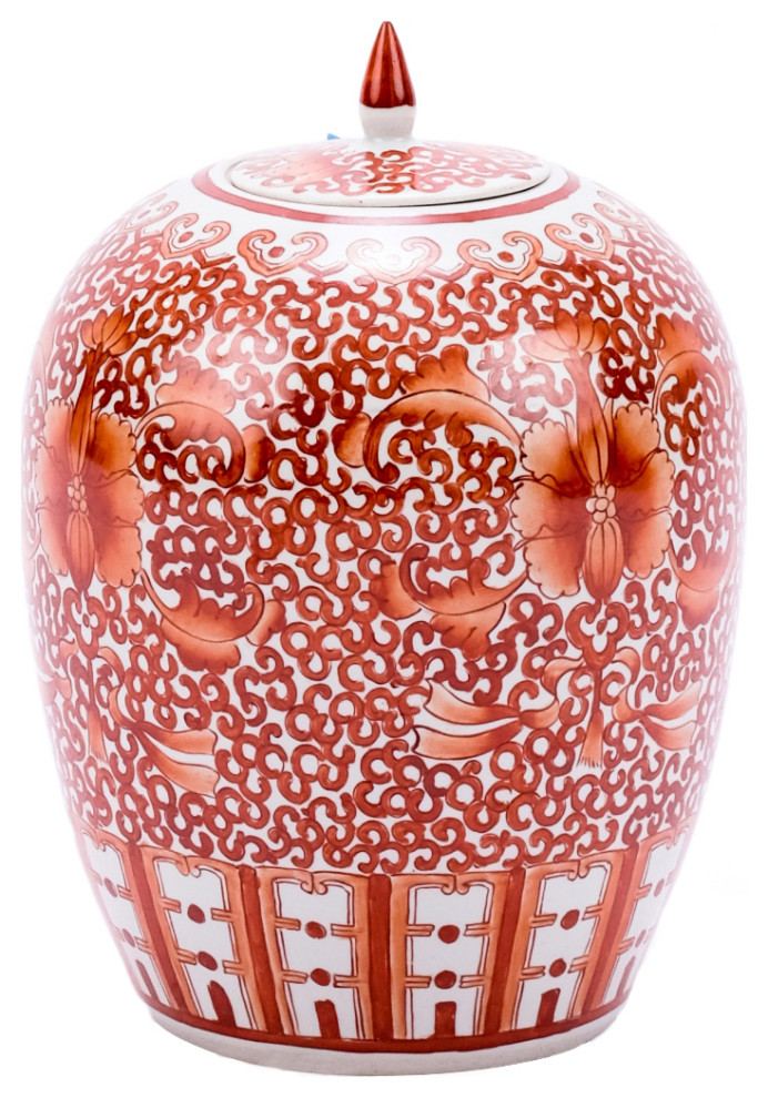 Coral Red Twisted Lotus Ginger Jar - Asian - Decorative Jars And Urns ...