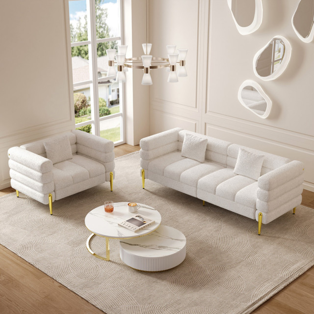 Modern White Boucle Upholstered Fluted 3 Seater Sofa for Living Room ...