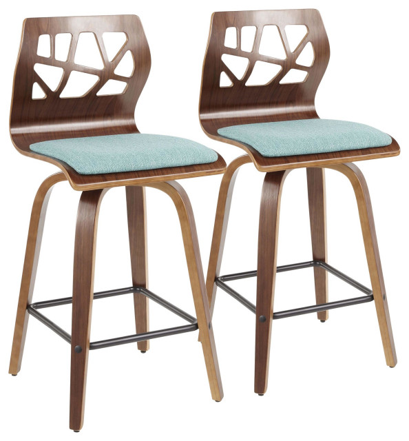 Folia Mid-Century Modern Counter Stool, Walnut Wood/Teal Fabric, Set of ...