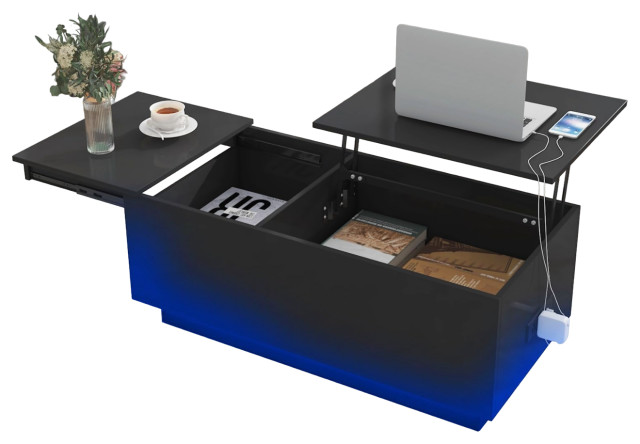 Modern Coffee Table, Sliding Top With LED Lighting & Charging Station ...