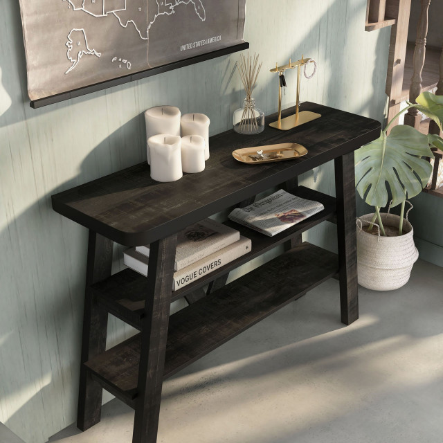Farmhouse Console Table, Angled Legs With 2 Open Shelves - Rustic ...