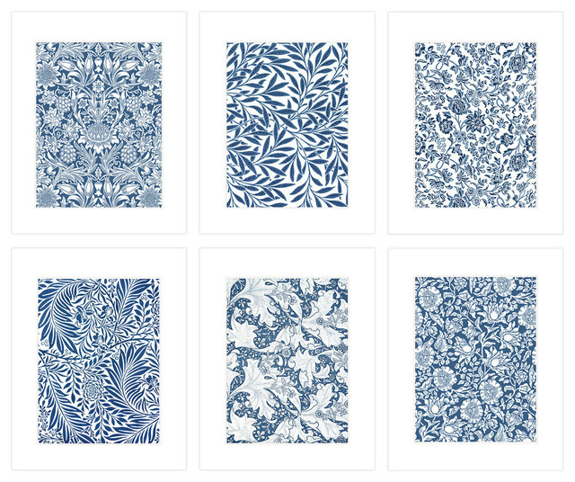6-Piece William Morris Navy Blue Botanical Pattern Prints on Watercolor ...