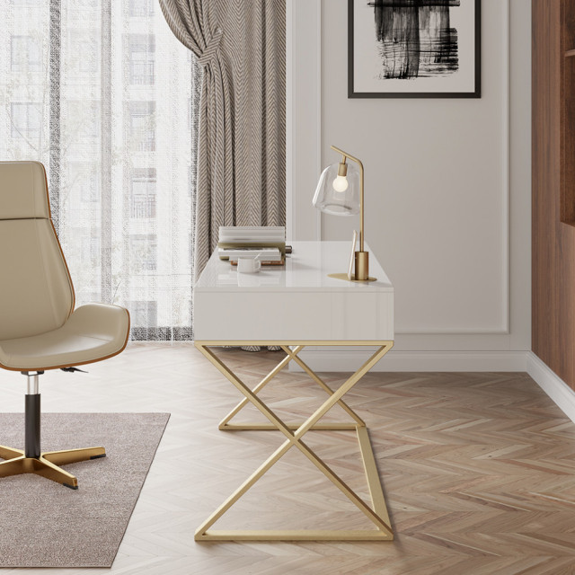 55" White Office Desk With Drawer Rectangular Modern Computer Desk ...