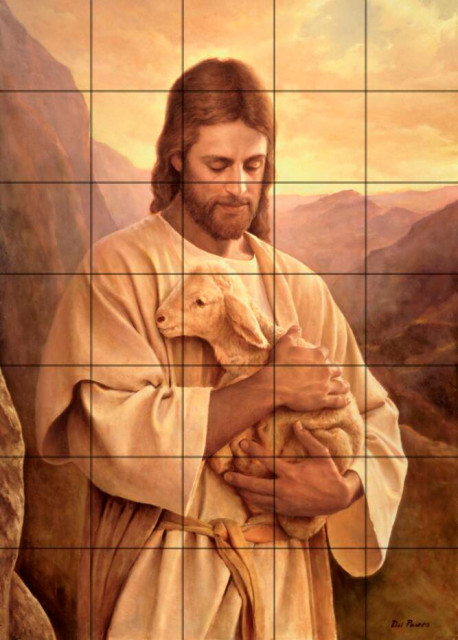 Tile Mural Kitchen Backsplash Lost Lamb by Del Parson, 21.25" W x 29.75 ...