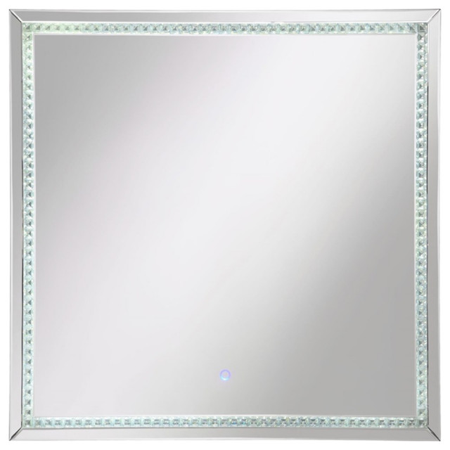 Pemberly Row Modern Glass Silver Square Wall Mirror with LED Lights ...