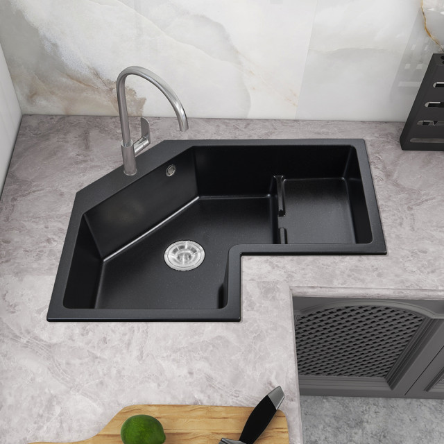 32" Modern Black Drop In Corner Kitchen Sink Single Bowl Quartz ...