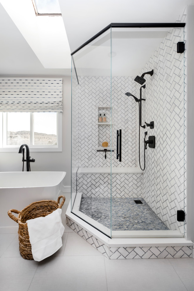 Corner Shower with Marble Herringbone Tile - Farmhouse - Bathroom ...