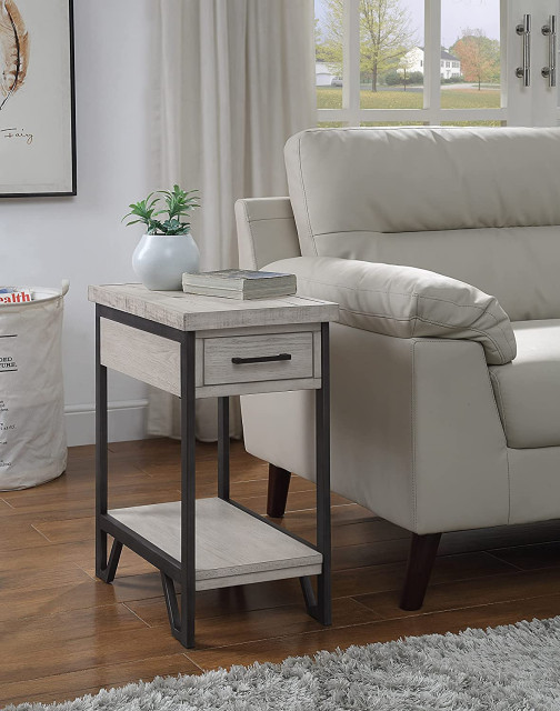 Rustic Side Table, Metal Frame With MDF Drawer & Open Lower Shelf ...