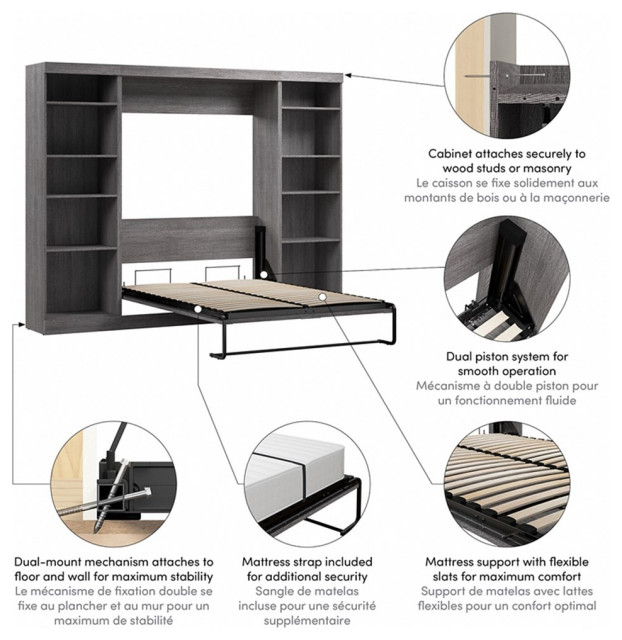 Bestar Pur Queen Murphy Bed and 2 Shelving Units (115W) in Bark Grey ...