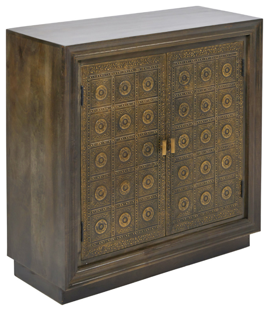 40" Brass Over Wood Square Accent Cabinet Circle Pattern Greece ...