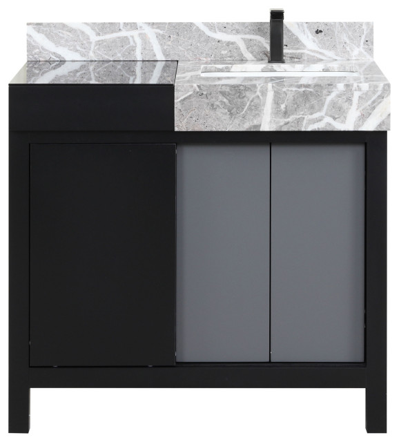 Zilara 36" Black and Grey Vanity, Castle Grey Marble Top, and White ...