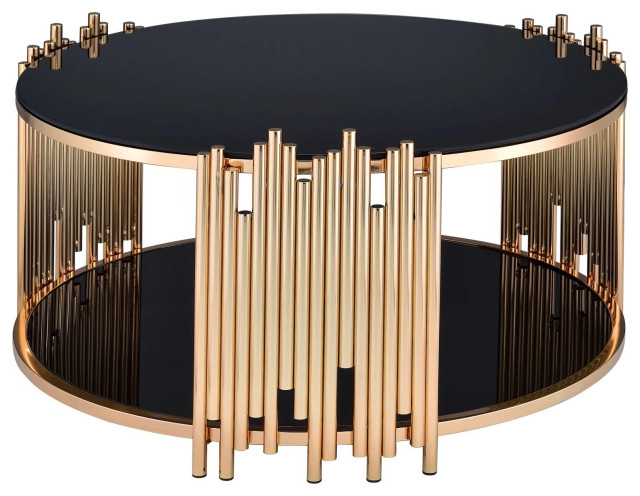 Modern Glam Coffee Table with Black Glass Top and Gold Frame, Round ...