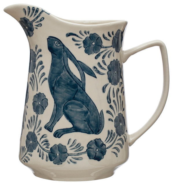 Stoneware Pitcher with Painted Rabbit and Florals, Blue and Cream ...