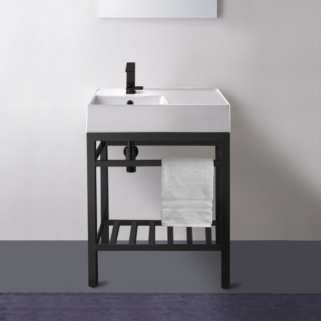 Modern Ceramic Console Sink With Counter Space and Matte Black Base ...