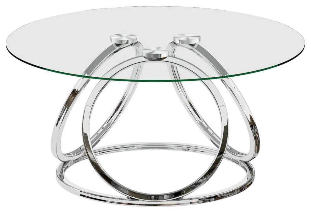 Elegant Modern Coffee Table, Ring Shaped Chrome Finished Base & Round ...