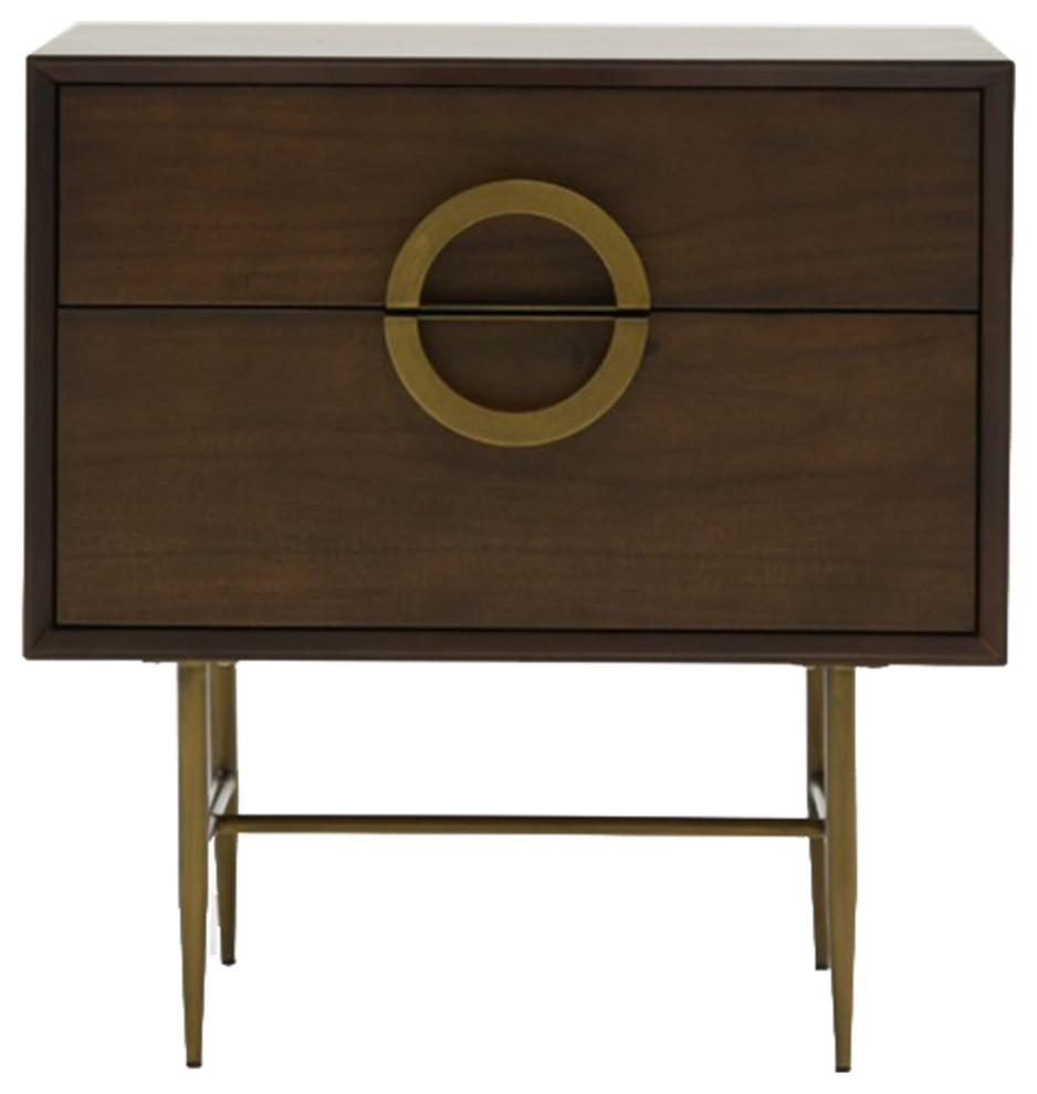 Wooden Nightstand with 2 Drawers and Brass Semi Circle Handles, Brown ...