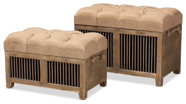 Cassandra Beige Fabric Medium Oak Finished Storage Trunk Ottoman Set ...
