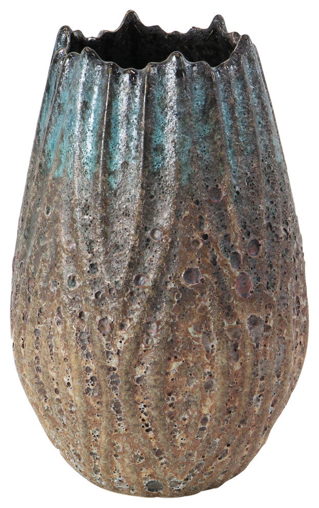 Round Textural Turquoise Patina Ceramic Vase - Beach Style - Vases - by ...