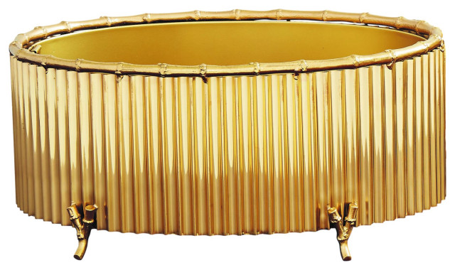 Ribbed Brass Gold Metal Footed Oval Cachepot 15" Centerpiece Bowl Vase ...