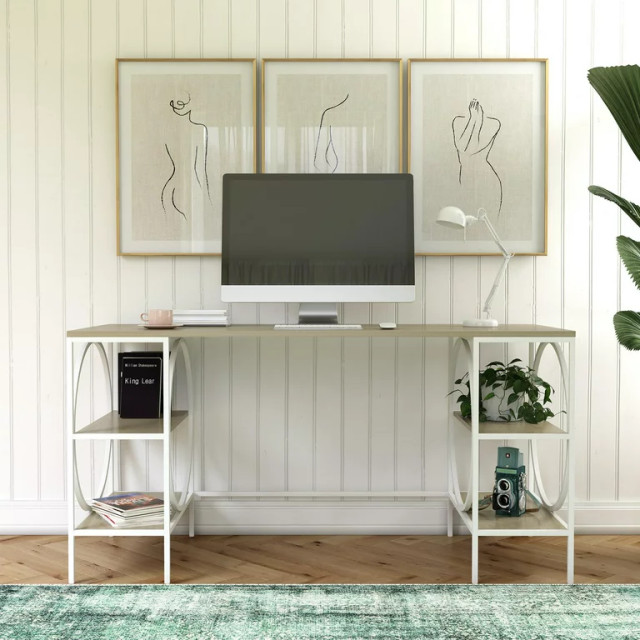 Contemporary Desk, Large Top & Open Shelves With Circular Accents, Pale ...