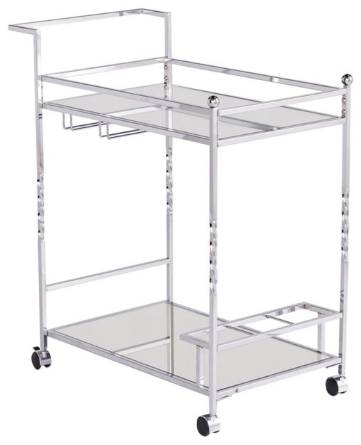 Pemberly Row Glass Mirrored Metal Bar Cart in Chrome Finish ...