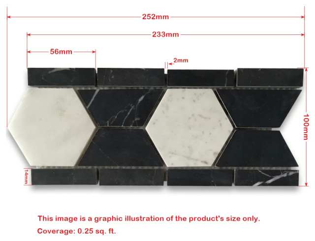 Carrara White Marble 3 Hexagon Black Mosaic Border Listello Tile Honed ...