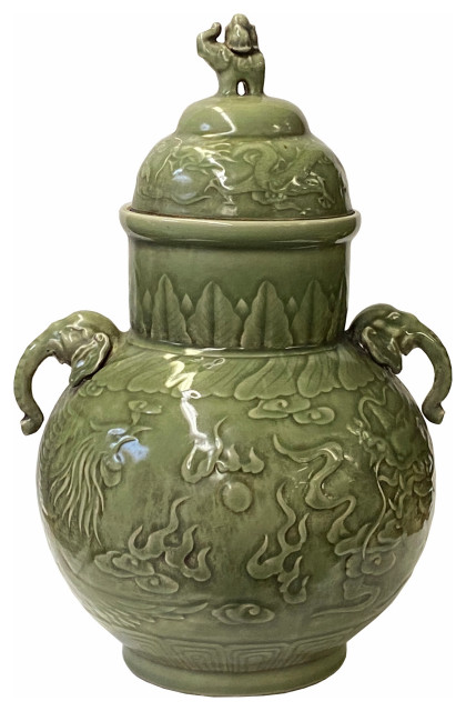 Chinese Ancient style Celadon Ceremonial Jar with Dragon Phoenix Motif ...