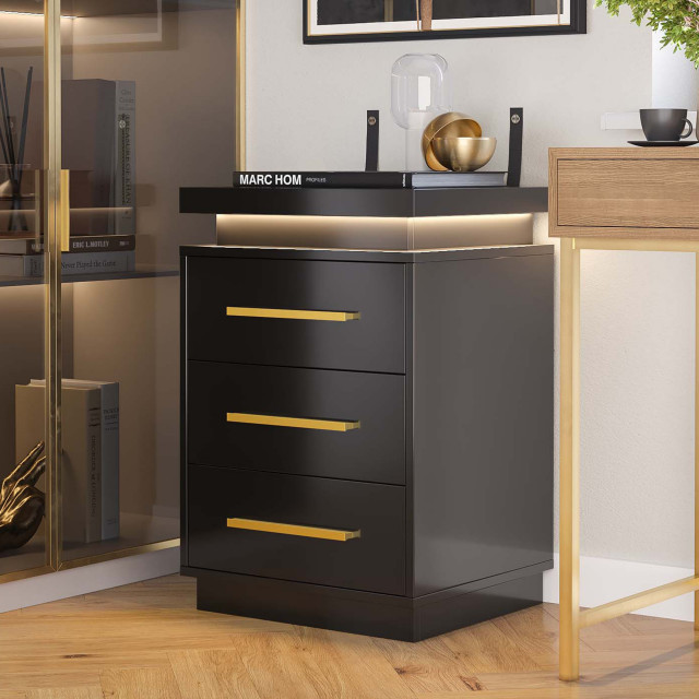 Set of 2 End Tables with RF Remote-Controlled LED Lights, Three Drawers ...